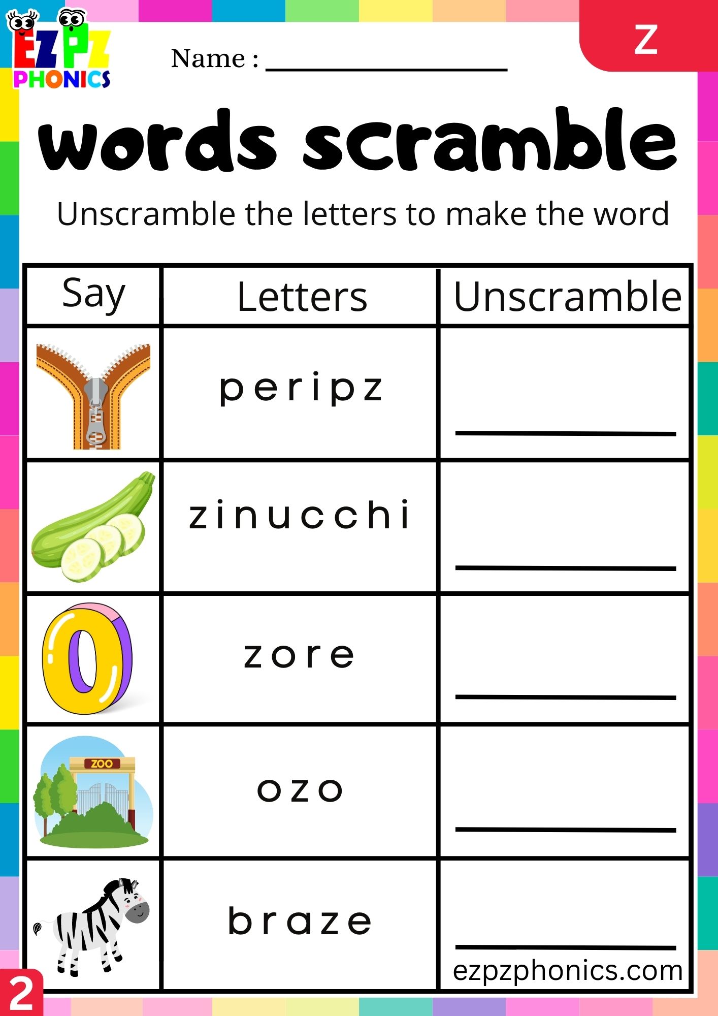 Letter z Word Scramble Write the Words Phonics Activity Group 2 - ezpzphonics.com